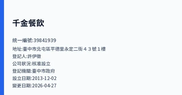 千金餐飲的照片-統編 39841939(臺中市) 公司登記資料與營業項目詳細圖表