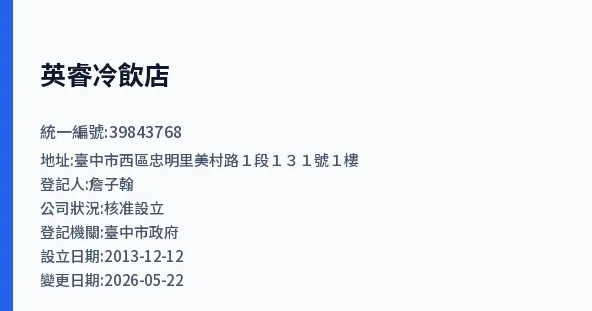英睿冷飲店的照片-統編 39843768(臺中市) 公司登記資料與營業項目詳細圖表