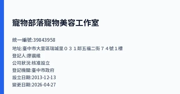 寵物部落寵物美容工作室的照片-統編 39843958(臺中市) 公司登記資料與營業項目詳細圖表