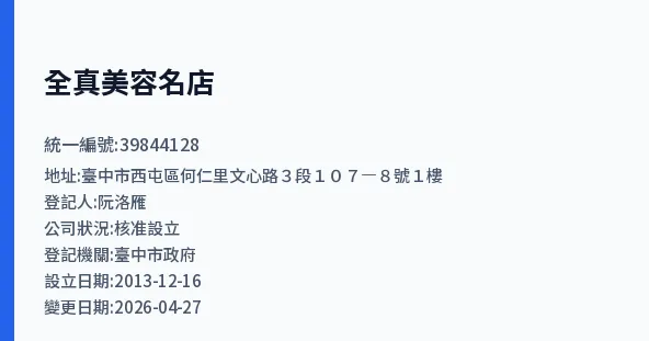 全真美容名店的照片-統編 39844128(臺中市) 公司登記資料與營業項目詳細圖表