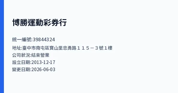 博勝運動彩券行的照片-統編 39844324(臺中市) 公司登記資料與營業項目詳細圖表