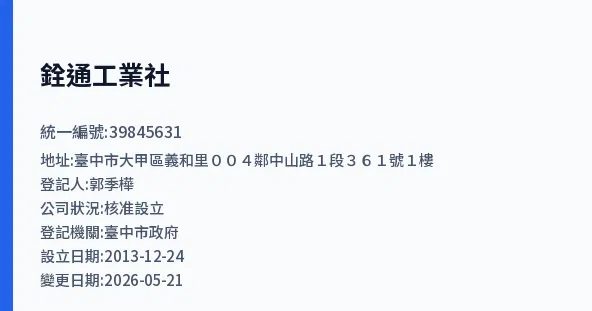 銓通工業社的照片-統編 39845631(臺中市) 公司登記資料與營業項目詳細圖表