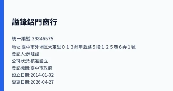謚鋒鋁門窗行的照片-統編 39846575(臺中市) 公司登記資料與營業項目詳細圖表