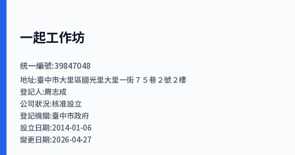 一起工作坊的照片-統編 39847048(臺中市) 公司登記資料與營業項目詳細圖表
