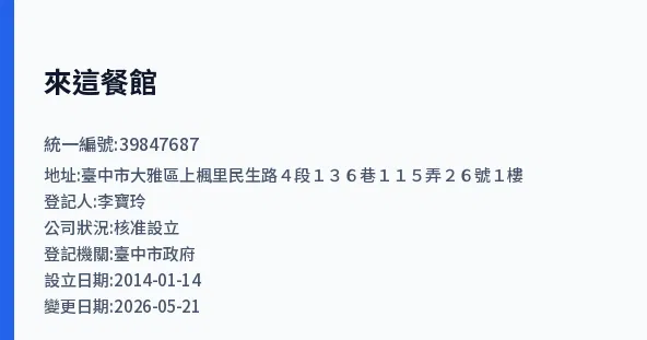 來這餐館的照片-統編 39847687(臺中市) 公司登記資料與營業項目詳細圖表