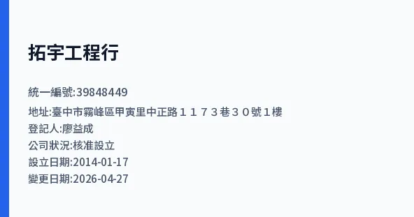 拓宇工程行的照片-統編 39848449(臺中市) 公司登記資料與營業項目詳細圖表