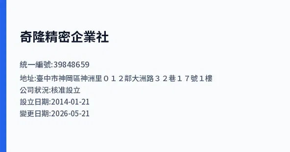奇隆精密企業社的照片-統編 39848659(臺中市) 公司登記資料與營業項目詳細圖表
