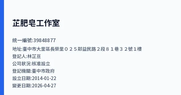 芷肥皂工作室的照片-統編 39848877(臺中市) 公司登記資料與營業項目詳細圖表