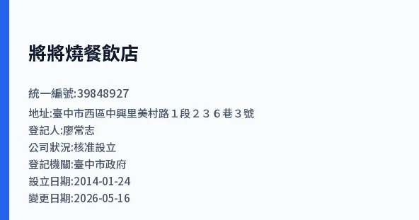 將將燒餐飲店的照片-統編 39848927(臺中市) 公司登記資料與營業項目詳細圖表