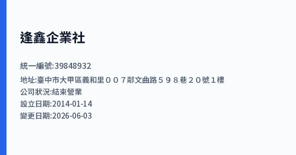 逢鑫企業社的照片-統編 39848932(臺中市) 公司登記資料與營業項目詳細圖表