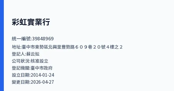 彩虹實業行的照片-統編 39848969(臺中市) 公司登記資料與營業項目詳細圖表
