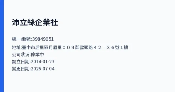 沛立絲企業社的照片-統編 39849051(臺中市) 公司登記資料與營業項目詳細圖表