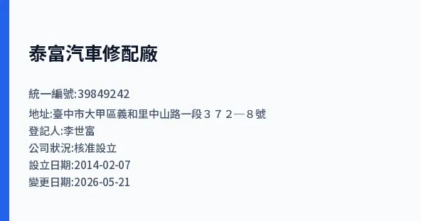 泰富汽車修配廠的照片-統編 39849242(臺中市) 公司登記資料與營業項目詳細圖表