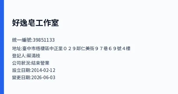 好逸皂工作室的照片-統編 39851133(臺中市) 公司登記資料與營業項目詳細圖表