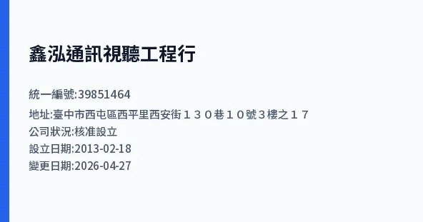 鑫泓通訊視聽工程行的照片-統編 39851464(臺中市) 公司登記資料與營業項目詳細圖表