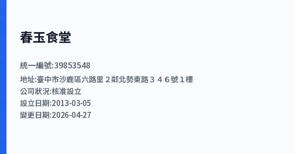 春玉食堂的照片-統編 39853548(臺中市) 公司登記資料與營業項目詳細圖表