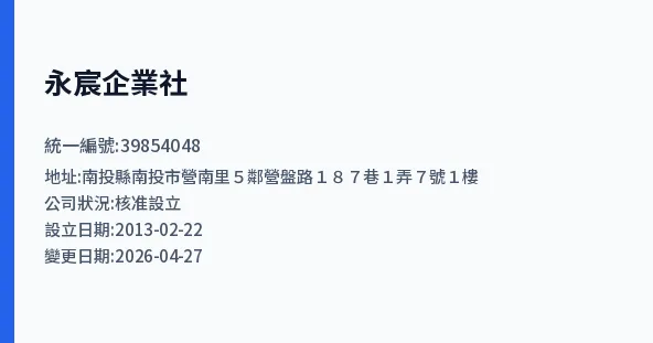 永宸企業社的照片-統編 39854048(南投縣) 公司登記資料與營業項目詳細圖表