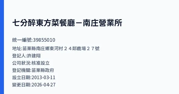 七分醉東方菜餐廳-南庄營業所的照片-統編 39855010(苗栗縣) 公司登記資料與營業項目詳細圖表