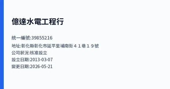 億達水電工程行的照片-統編 39855216(彰化縣) 公司登記資料與營業項目詳細圖表