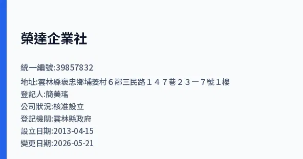 榮達企業社的照片-統編 39857832(雲林縣) 公司登記資料與營業項目詳細圖表