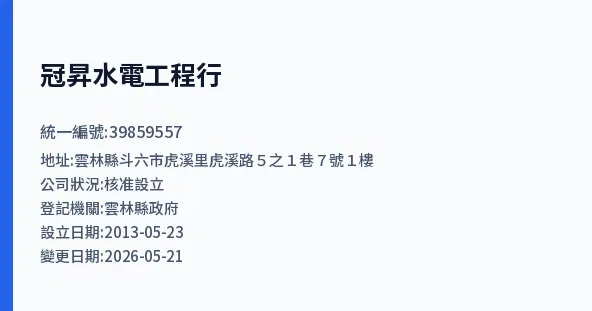 冠昇水電工程行的照片-統編 39859557(雲林縣) 公司登記資料與營業項目詳細圖表