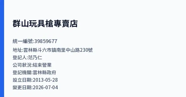 群山玩具槍專賣店的照片-統編 39859677(雲林縣) 公司登記資料與營業項目詳細圖表