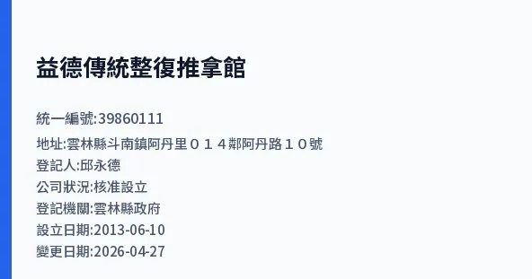益德傳統整復推拿館的照片-統編 39860111(雲林縣) 公司登記資料與營業項目詳細圖表
