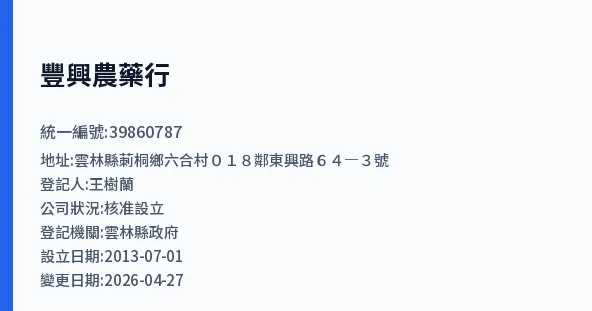 豐興農藥行的照片-統編 39860787(雲林縣) 公司登記資料與營業項目詳細圖表