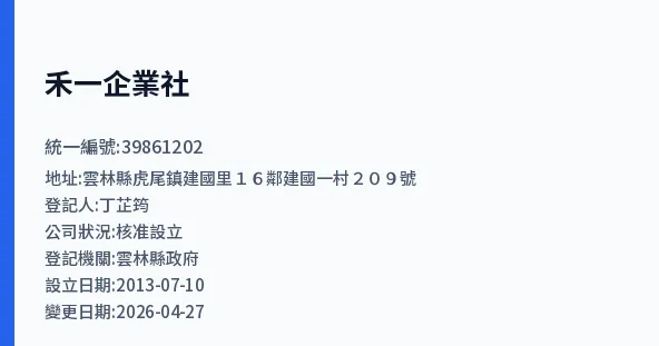 禾一企業社的照片-統編 39861202(雲林縣) 公司登記資料與營業項目詳細圖表