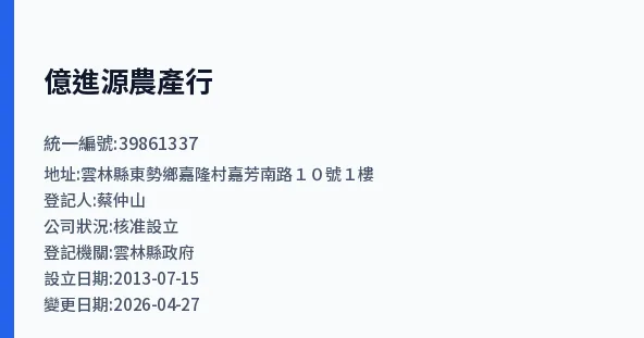 億進源農產行的照片-統編 39861337(雲林縣) 公司登記資料與營業項目詳細圖表