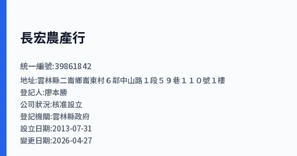 長宏農產行的照片-統編 39861842(雲林縣) 公司登記資料與營業項目詳細圖表