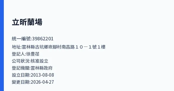 立昕蘭場的照片-統編 39862201(雲林縣) 公司登記資料與營業項目詳細圖表