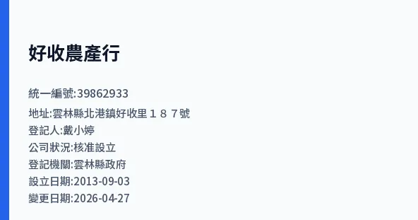 好收農產行的照片-統編 39862933(雲林縣) 公司登記資料與營業項目詳細圖表