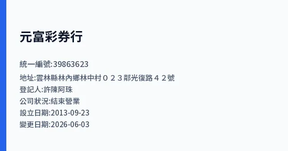 元富彩券行的照片-統編 39863623(雲林縣) 公司登記資料與營業項目詳細圖表