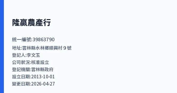 隆贏農產行的照片-統編 39863790(雲林縣) 公司登記資料與營業項目詳細圖表
