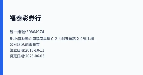 福泰彩券行的照片-統編 39864974(雲林縣) 公司登記資料與營業項目詳細圖表
