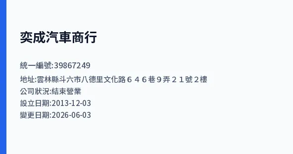 奕成汽車商行的照片-統編 39867249(雲林縣) 公司登記資料與營業項目詳細圖表