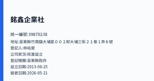 銘鑫企業社的照片-統編 39870238(苗栗縣) 公司登記資料與營業項目詳細圖表