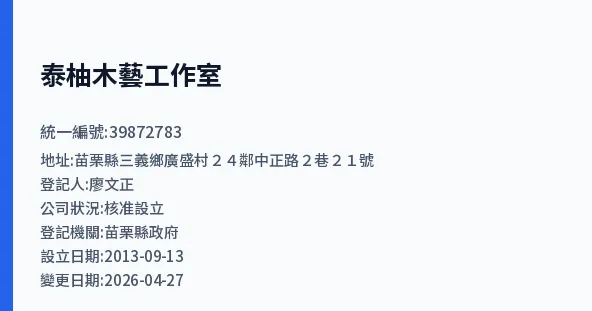 泰柚木藝工作室的照片-統編 39872783(苗栗縣) 公司登記資料與營業項目詳細圖表