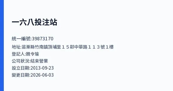 一六八投注站的照片-統編 39873170(苗栗縣) 公司登記資料與營業項目詳細圖表