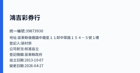 鴻吉彩券行的照片-統編 39873930(苗栗縣) 公司登記資料與營業項目詳細圖表