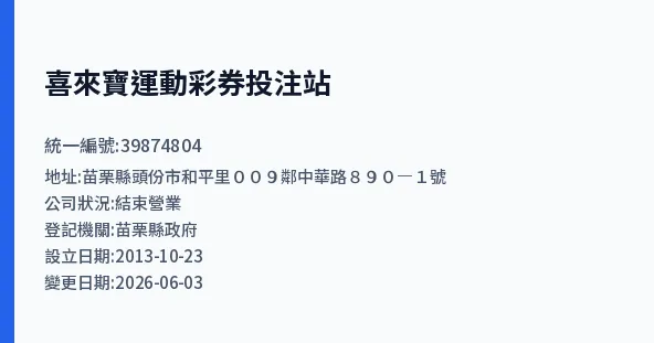 喜來寶運動彩券投注站的照片-統編 39874804(苗栗縣) 公司登記資料與營業項目詳細圖表