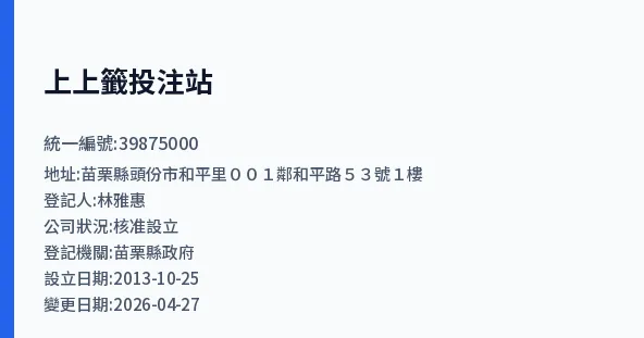 上上籤投注站的照片-統編 39875000(苗栗縣) 公司登記資料與營業項目詳細圖表