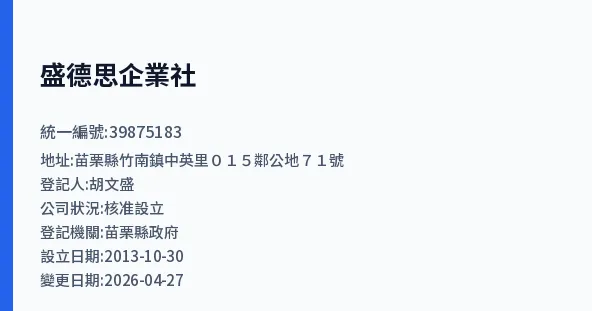 盛德思企業社的照片-統編 39875183(苗栗縣) 公司登記資料與營業項目詳細圖表