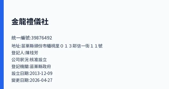 金龍禮儀社的照片-統編 39876492(苗栗縣) 公司登記資料與營業項目詳細圖表