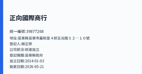 正向國際商行的照片-統編 39877268(苗栗縣) 公司登記資料與營業項目詳細圖表