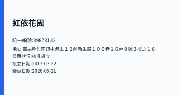 紅依花園的照片-統編 39878132(苗栗縣) 公司登記資料與營業項目詳細圖表