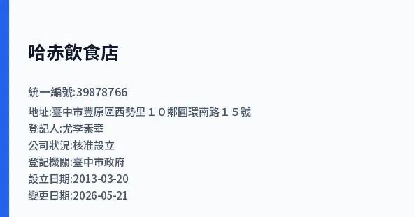 哈赤飲食店的照片-統編 39878766(臺中市) 公司登記資料與營業項目詳細圖表