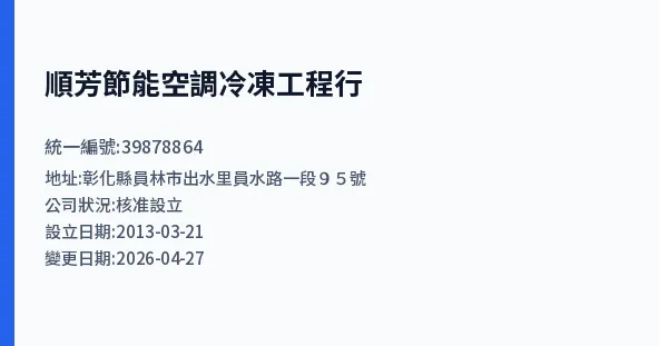 順芳節能空調冷凍工程行的照片-統編 39878864(彰化縣) 公司登記資料與營業項目詳細圖表