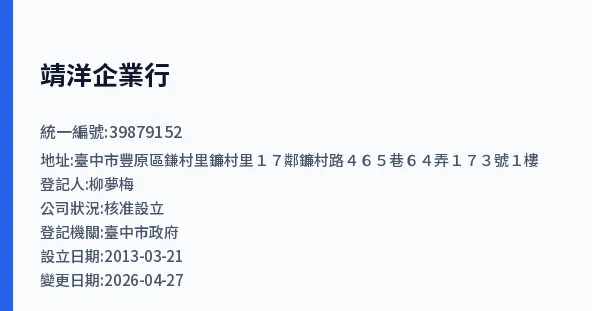 靖洋企業行的照片-統編 39879152(臺中市) 公司登記資料與營業項目詳細圖表